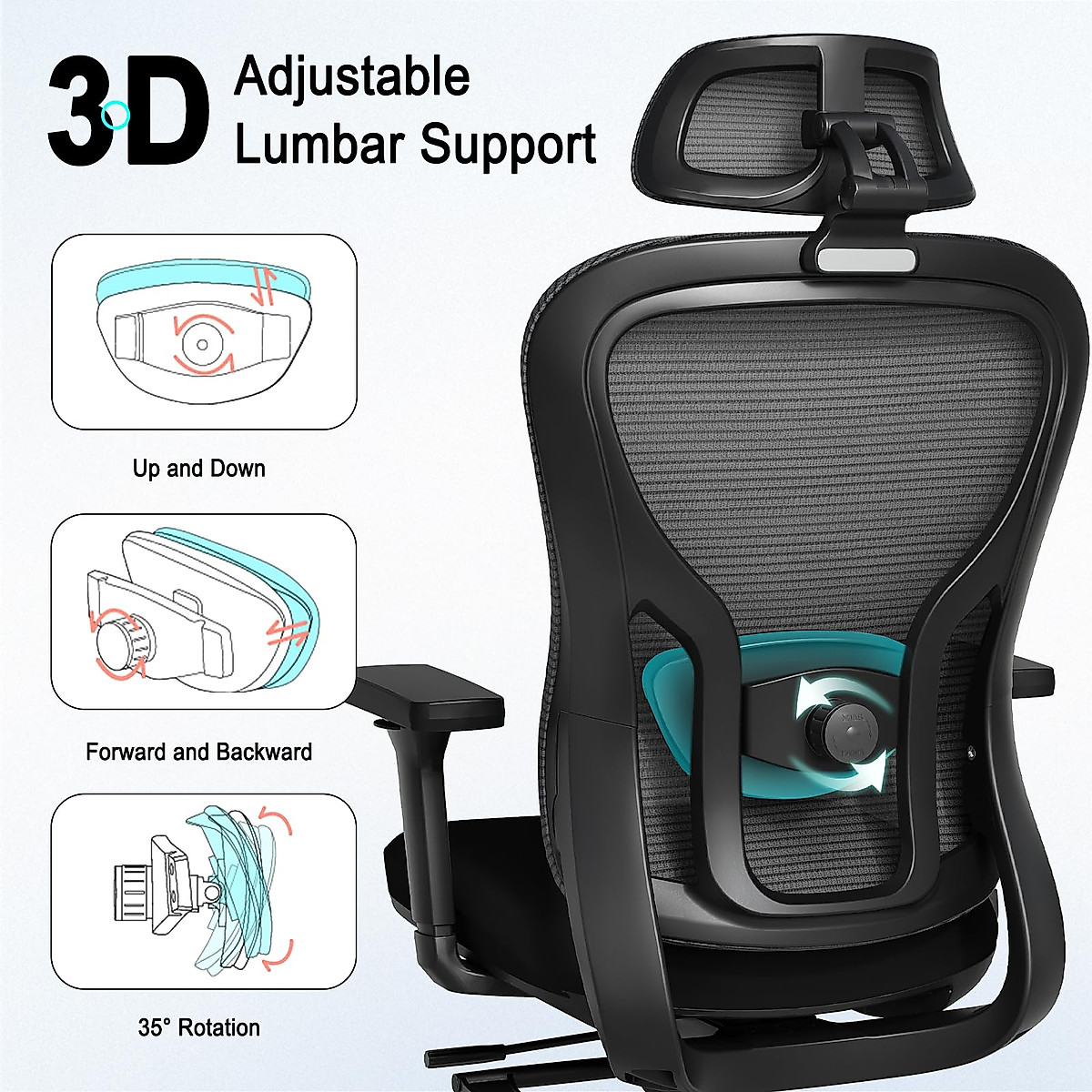 Ergonomic Office Chair, Big and Tall Office Chair with Tilt Function, mesh Office Chair with 3D Lumbar Support, 3D Bi-axial Headrest, 4D Adjustable Armrests, Seat Depth Adjustable Computer Chair