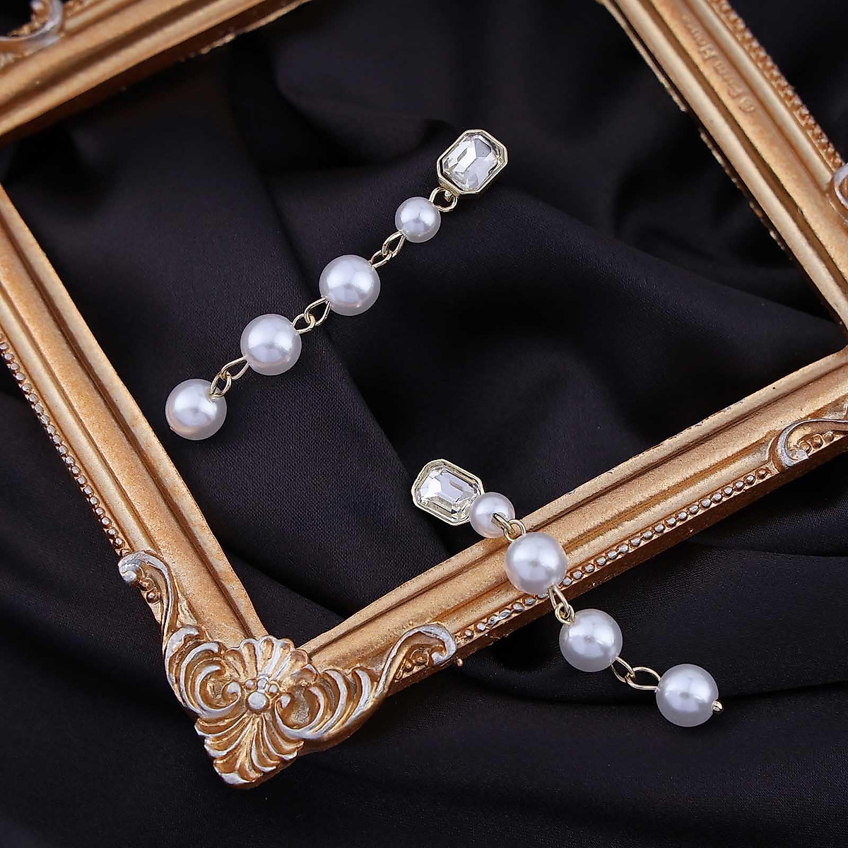 Sttiafay Vintage Crystal Pearl Drop Earrings Long Pearl Chain Earrings Gold Pearl Tassel Earrings Shine Bridal Cz Rhinestone Pearl Earrings Jewelry for Women and Girls