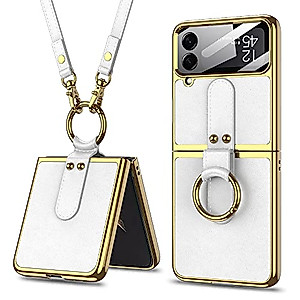 SHIEID Galaxy Z Flip 4 Case with Shoulder Strap, Ring Holder, Z Flip 4 Cover with Small Screen Protection, Premium Leather, and Wireless Charging Support for Samsung Flip 4 Case, Elegant White