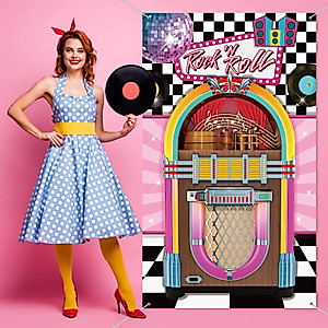 Nuenen 50's Sock Hop Party Decorations Banner Jukebox Party Decor Backdrop Cloth Juke Box Cutout Rock 'n Roll Door Cover for 1950's Theme Birthday Party Supplies, 71 x 35.4