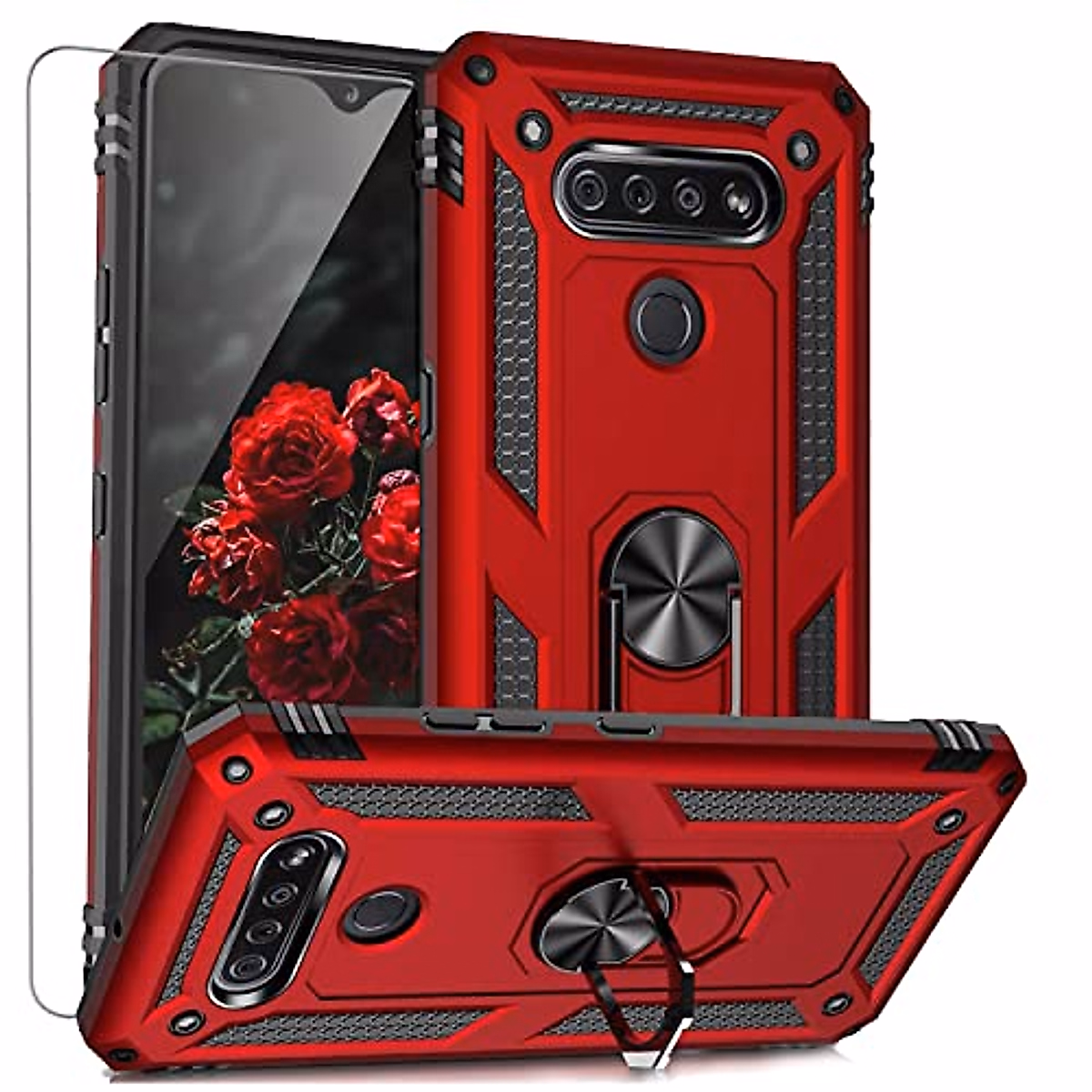 TJS Compatible with LG K51 Case, LG Q51 Case, LG Reflect Case, with [Tempered Glass Screen Protector][Defender][Metal Ring][Magnetic Support] Kickstand Heavy Duty Drop Protector Phone Case (Red)