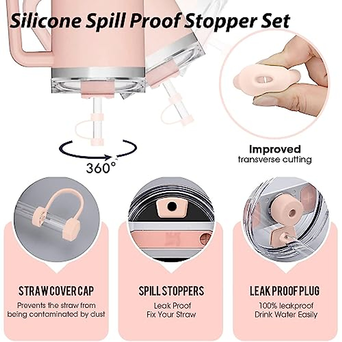 Stanley Cup Accessories Set Includs 1 Pcs Water Bottle Pouch, 6 Pcs Silicone Spill Proof Stopper, 2 Pcs Straw Cover Cap(9-10mm Straw), 1 Pcs Silicone Boot for Stanley Cup 40oz & 30oz Tumbler (Pink)