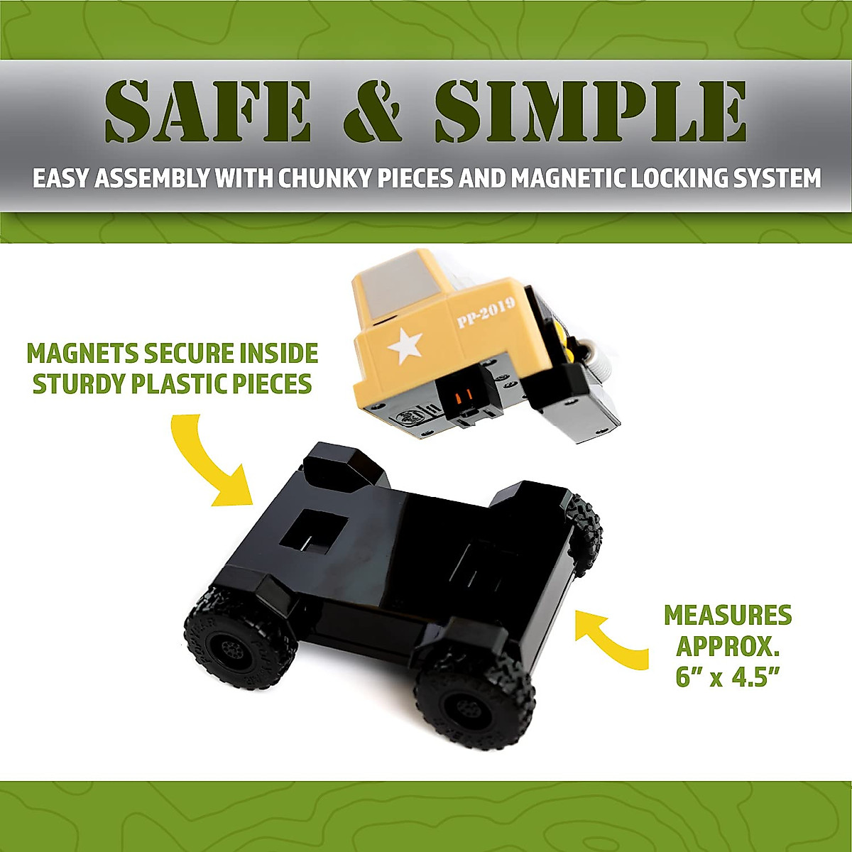 POPULAR PLAYTHINGS Magnetic Build A Truck Special Forces Toy Play Set, 5 Piece Mix and Match Vehicles, Racecar Party Favors and Cars Goodie Bag Fillers