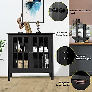 UJOYPAD Double Door Storage Cabinet,Sideboard Buffet Storage Cabinet,Kitchen Sideboard Console with 2 Glass Doors,Entryway Dining Liquor Cabinet,Cupboard Console Table for Kitchen Living Room (Black)