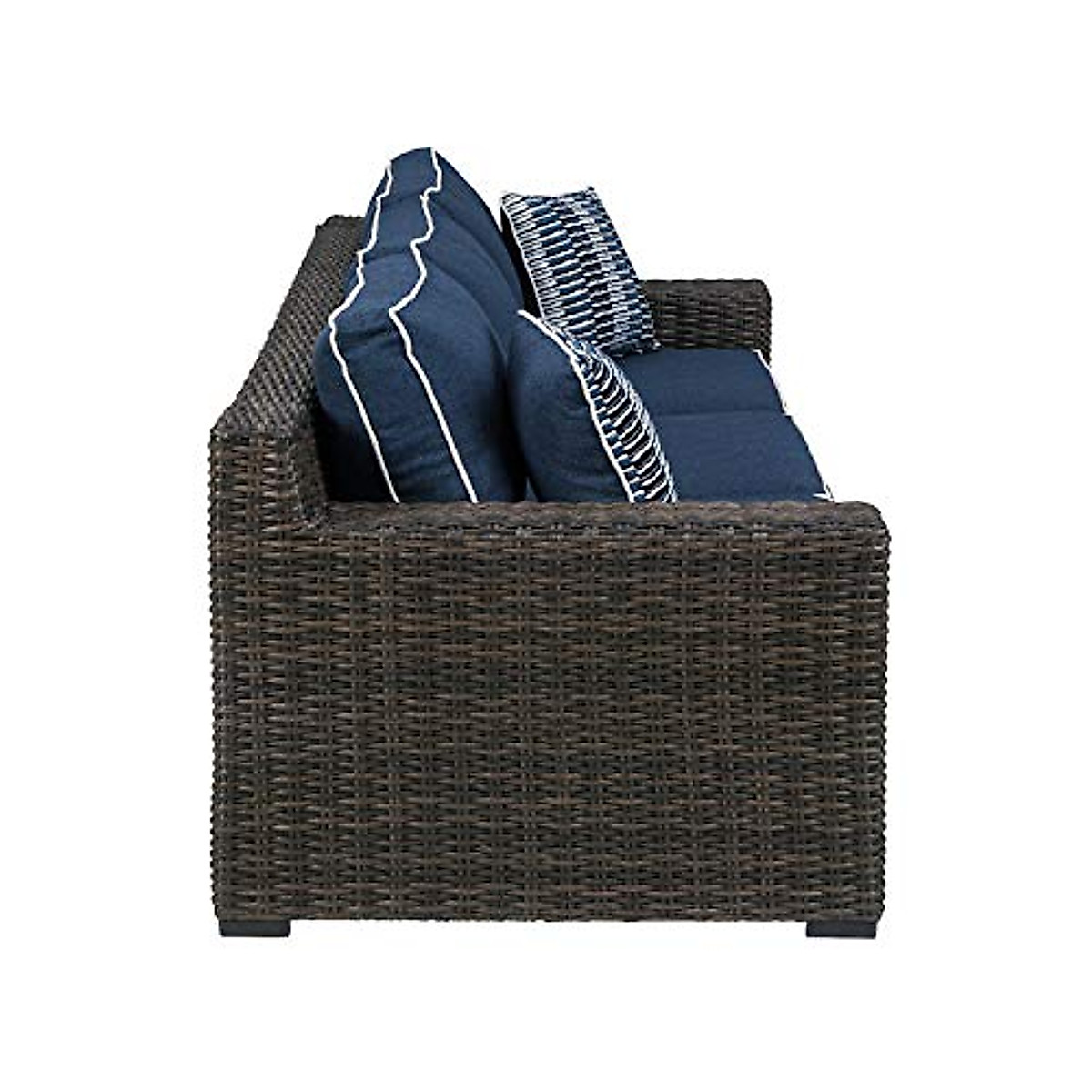 Signature Design by Ashley Grasson Lane Outdoor Patio Wicker Sofa with Cushion and 2 Pillows, Brown & Blue