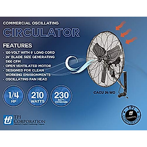 TPI 8749102 CACU24WO Oscillating Commercial Wall Fan, 24"