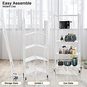 MagicFox Foldable Storage Shelf Unit on Wheels Large Capacity (No Assembly) Heavy Duty Steel 5-Shelving Organizer Rack for Kitchen, Garage and Laundry Bathroom Tool Organization(5 Tier (White)