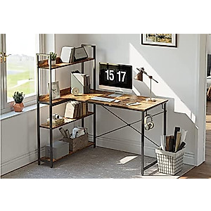 CubiCubi Computer Corner Desk with Storage Shelves, 47 Inch Small L Shaped Computer Desk, Home Office Writing Desk with 2 Hooks, Brown