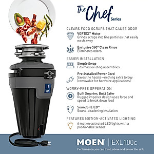 Moen Chef Series 1 HP Continuous Feed Lighted Garbage Disposal with Sound Reduction for Under Sink, Power Cord Included, EXL100C