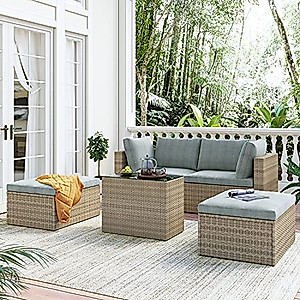 SAWQF Outdoor Patio Furniture 5-Pcs Set Wicker Rattan Sectional Sofa Set 2 Corner Chair+1 Tea Table+2 Ottoman Brown&Gray