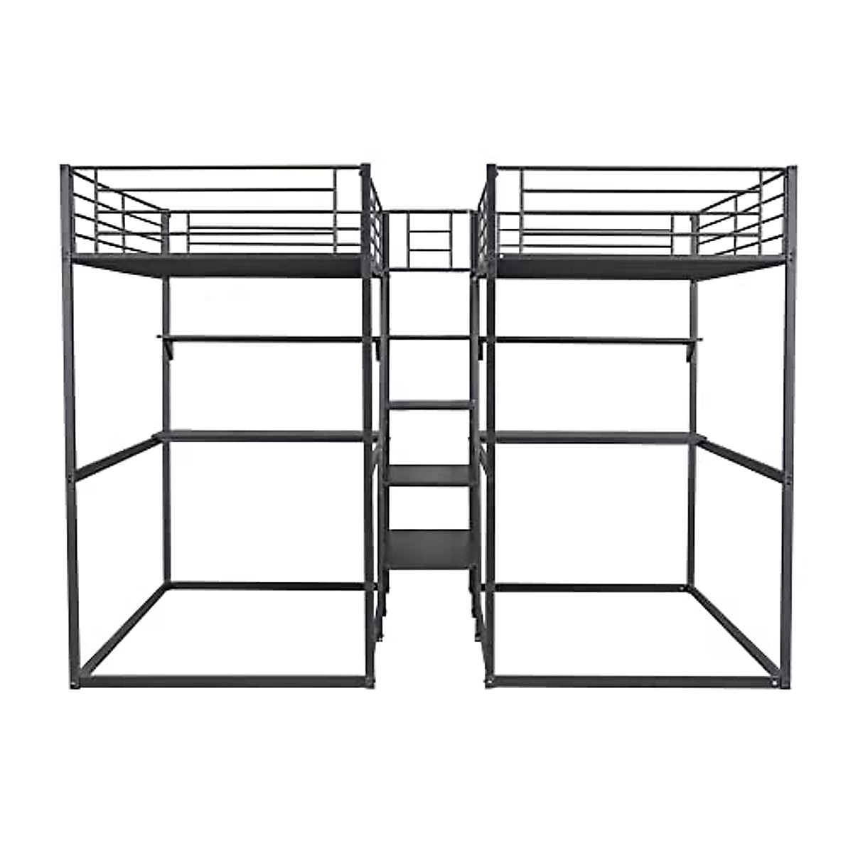 ATY Twin Over Twin Bunk Bed with 2 Desks and Shelves, 4-in-1 Metal Bedframe w/ 3 Storage Staircase & Safety Guardrail, Maximum Space Design, for Kids Bedroom, Dorm, Guestroom, Black