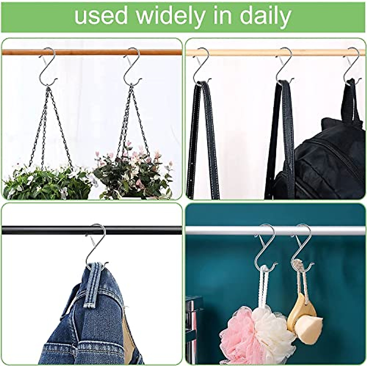 8 Pack Heavy Duty S Hooks Stainless Steel S Shaped Hooks Hanging Hangers for Kitchenware Spoons Pans Pots Utensils Clothes Bags Towers Tools Plants Heavy Duty Rustproof Safety Buckle Design (Silver)