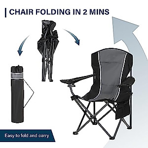 HIGH POINT SPORTS Oversized Camping Folding Chair, Heavy Duty Outdoor Chair with Armrest, Portable Lawn Chair with Cup Holder for Adults Support 350 LBS, Gray-Black