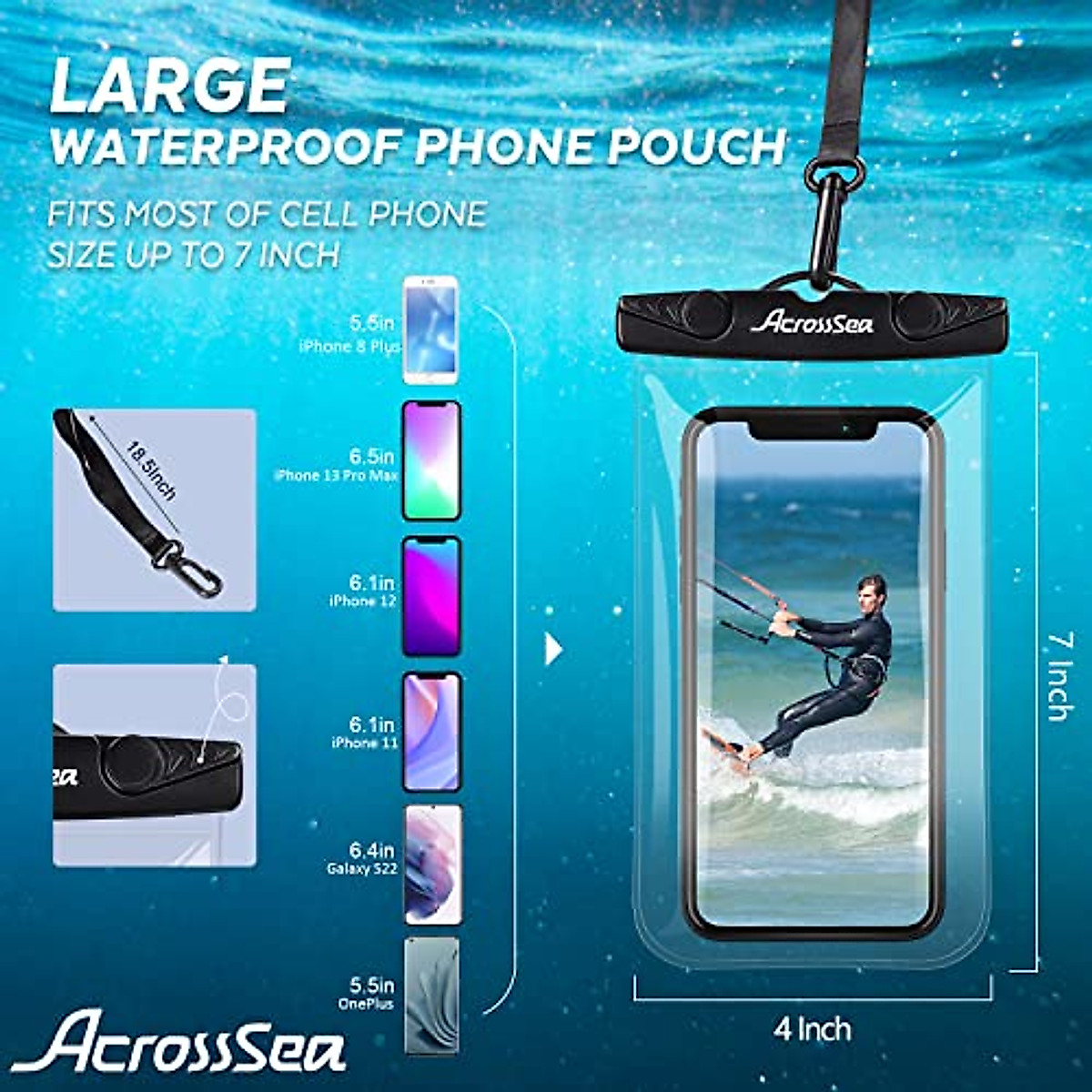 AcrossSea [2 Pack] Waterproof Phone Pouch[Up to 7"], IPX8 Universal Waterproof Dry Bag Underwater Case with Lanyard Compatible with iPhone 14 Pro/13/12/11/XR/X/8, Galaxy S23, Pixel/OnePlus - Clear