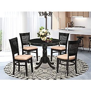 East West Furniture ANVA5-BLK-C 5 Piece Dining Room Furniture Set Includes a Round Dining Table with Pedestal and 4 Linen Fabric Upholstered Chairs, 36x36 Inch, Black