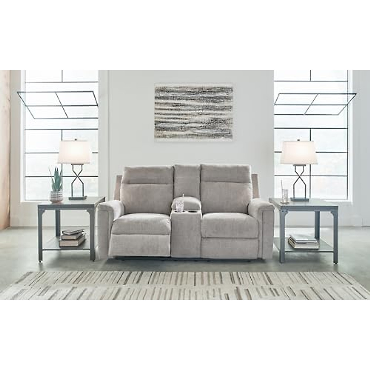 Signature Design by Ashley Barnsana Minimalist Power Reclining Loveseat with Console and USB Charging Ports, Light Gray