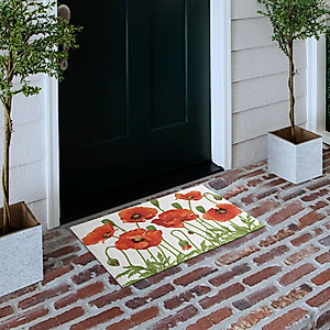Lunarable Flower Doormat, Spring Wild Flower Poppy Ladybug Leaf Springtime Garden Nature Backyard Print, Decorative Polyester Floor Mat with Non-Skid Backing, 30" X 18", Orange Green