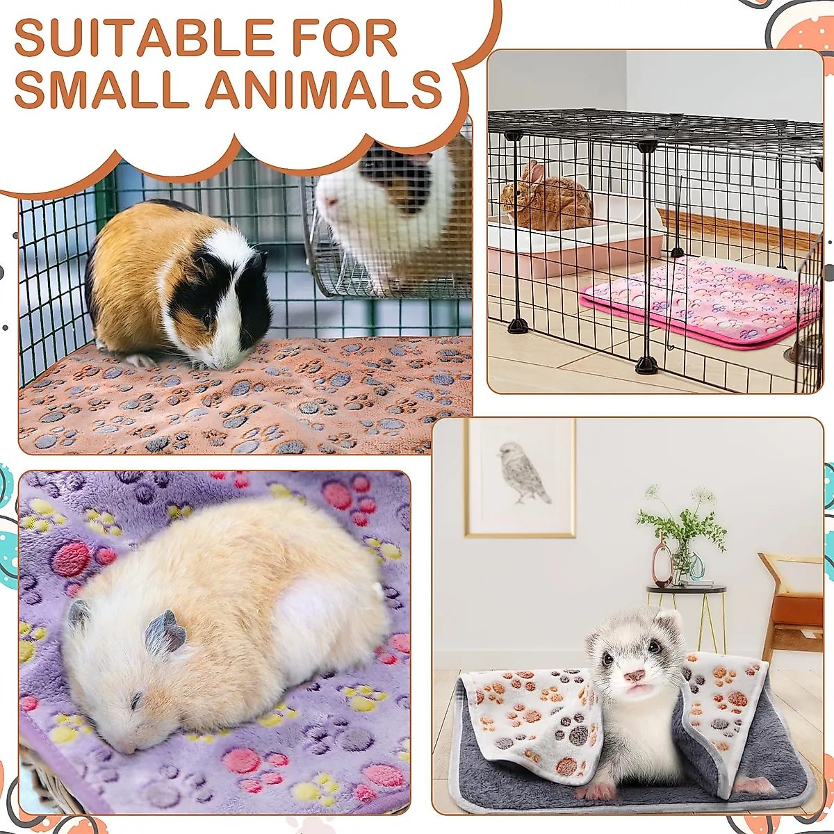 4 Pcs Waterproof Guinea Pig Blankets Washable Small Animal Fleece Bedding Absorbent Guinea Pig Cage Liners Reusable Pet Pee Pad Sleep Mat Pad Cover for Hamster Ferret (Paw Print, 28 x 14 Inch)