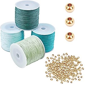 PH PandaHall 300pcs 4mm 14K Gold Plated Brass Beads with 0.8mm 436 Yards Blue Nylon Beading Cord Long-Lasting Smooth Spacer Beads Seamless Loose Ball Beads for Summer Hawaii Stackable Bracelet Making