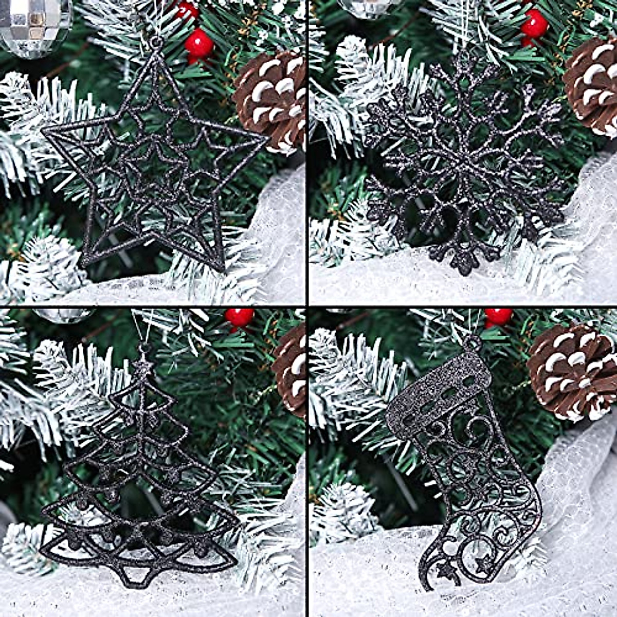 Glitter Snowflake Ornaments for Christmas Tree, 40pcs Black Christmas Decoration Hanging Decorations for Halloween Xmas Tree, Window, Door