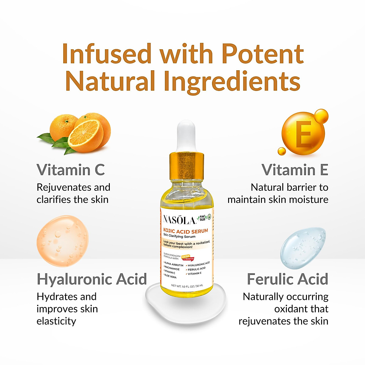 Nasola Kojic Acid Serum for Skin Clarifying, Complexion Revitalization Fade Cream with Alpha Arbutin, Vitamin C & E, & Niacinamide