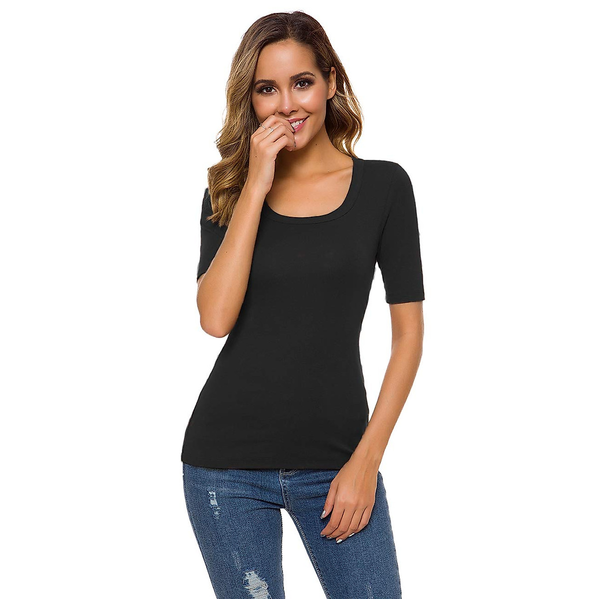 Womens Square U Neck Short Sleeve Basic Tee Tops Fitted Cotton T-Shirts for Summer Winter Layer (S, Black)