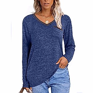 Grace's Secret Womens Sweaters Lightweight Soft Warm Sweatshirt Long Sleeve V Neck Shirts with Pockets,Navy,L