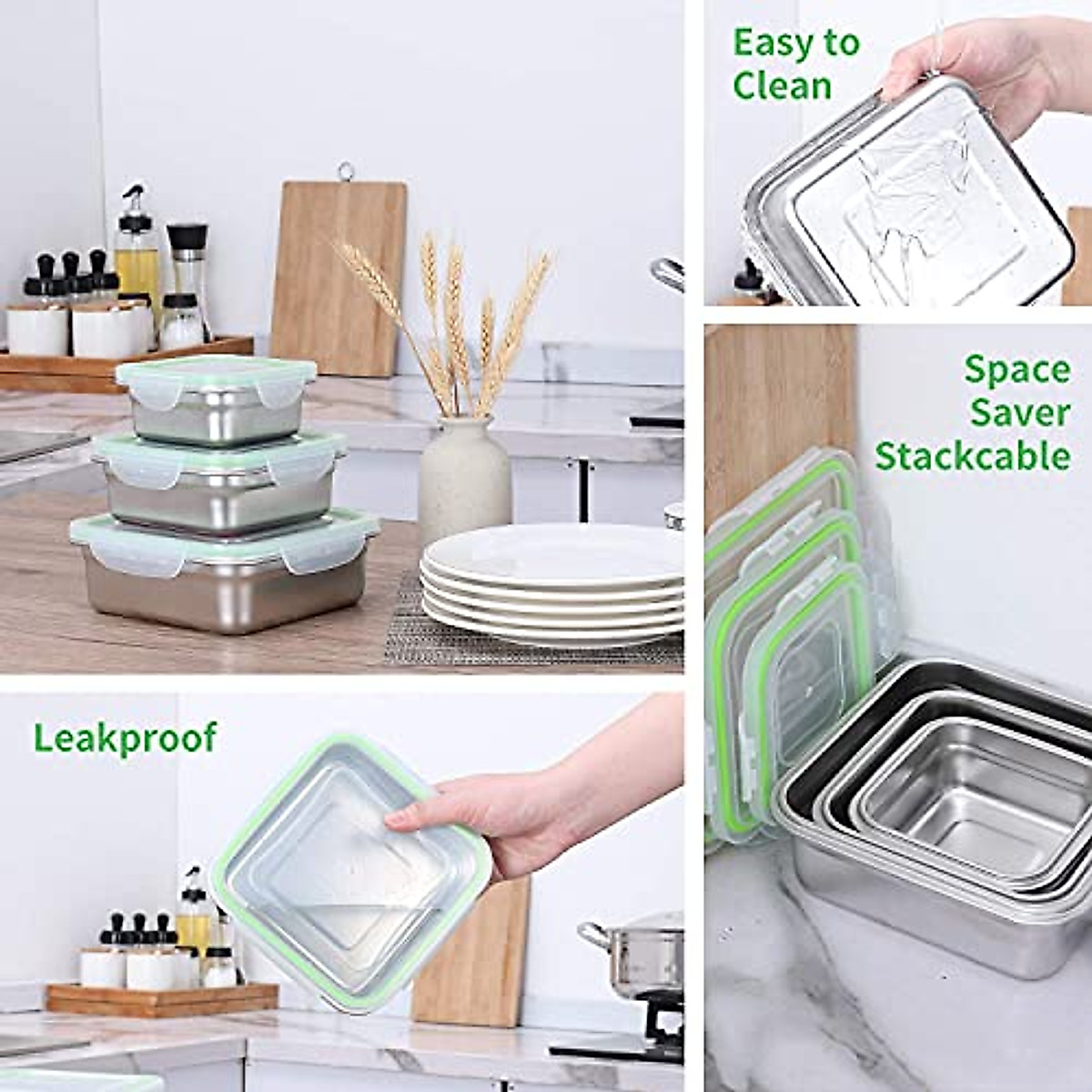 ANDMOON Stainless Steel Food Storage Containers with Lids Lunch Containers LeakProof Set of 3 (400ml,750ml,1200ml)-Friendly Stackable Bento Box - Lunch Box, Snack Boxes for People, Kitchen Storage