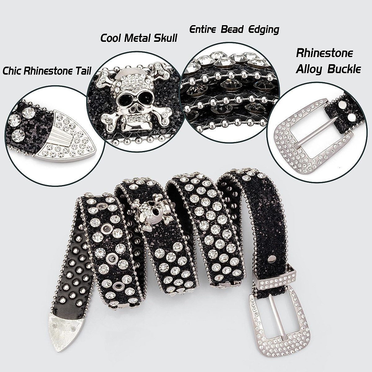 macoking Mens Rhinestone Belt Womens Y2K Bling Skull Western Belts for Jeans, Black, L