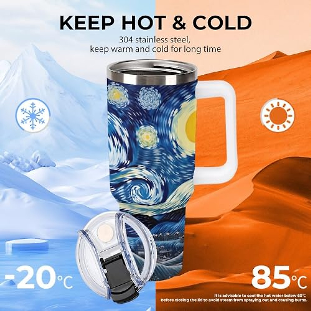 40 Oz Starry Night Insulated Stainless Steel Tumbler with Handle & Straw Lid, Reusable Travel Cupholder Friendly Mug for Coffee, Water, Tea