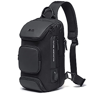 Sling Bag for Men Shoulder Crossbody Bags Sling Backpack with USB Charging Port Waterproof Travel Hiking Outdoor Daypack (Black-1)