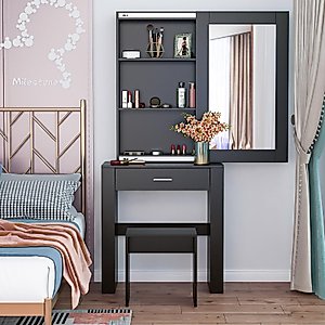 PHPMFTOS Makeup Vanity Desk with Mirror and Stool Bedroom Dressing Table with Storage Shelves Drawer Vanity Set for Women (Black)