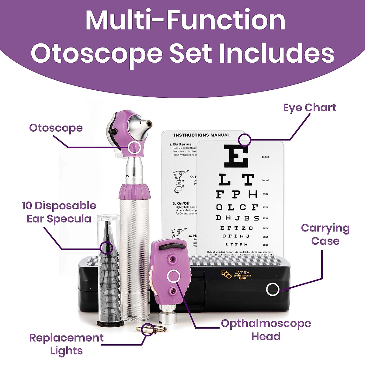 Zyrev Otoscope Oph Multi-Function Set - Otoscope/Opthalmoscope for Ear & Eye Examination - with Portable Carry Case, Sight Chart, Replacement Tips (Purple)