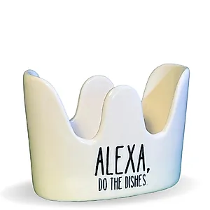 Alexa Mud Pie Sponge Holder for Kitchen Sink, Dual Ceramic Porcelain Cup for Sponges, Rustic Farmhouse Decor, Off-White