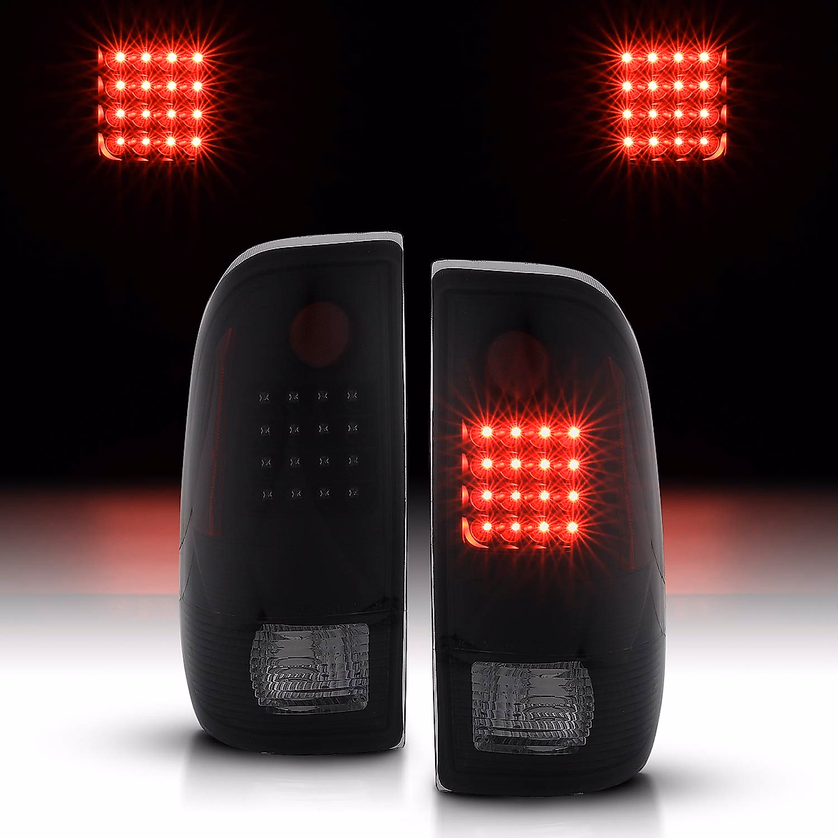 AmeriLite Dark Smoke Replacement LED Brake Turn Signal Tail Lights Pair For 97-03 Ford F150 / 99-07 F250 F350 - Driver and Passenger Set