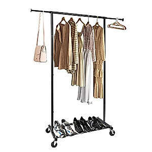 Fishat Standard Rod Simple Rolling Clothing Garment Rack for Hanging Clothes, Metal Clothes Organizer with Lockable Wheels for Dorm Bedroom Home Balcony (Black)