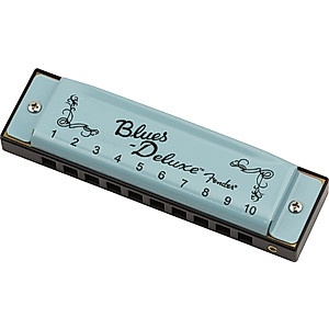 Fender Blues Deluxe Harmonica, with 1-Year Warranty, Key of C 10 Holes, with Hard Plastic Carrying Case, Daphne Blue