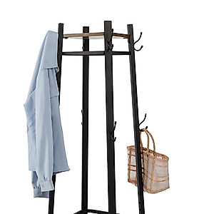 VECELO Coat Rack Freestanding, Entryway Clothes Stand with Metal Basket and 2 Shelves, Upgrade Hall Trees with 8 Dual Hooks for Bags, Hats, and Umbrellas, Industrial Styles, Vintage Brown+ Black