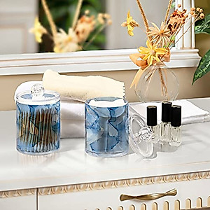 2 Pack Qtip Holder Organizer Dispenser Blue Marble Ink Modern Fluid Art Bathroom Storage Canister Cotton Ball Holder Bathroom Containers for Cotton Swabs/Pads/Floss