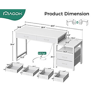AODK Computer Desk with 4 Drawers and USB Power Outlets, Reversible Home Office Desk with Printer Stand, Small Desk with Storage Shelf, Study Writing Work Table for Bedroom, Vanity Desk, White, 53"