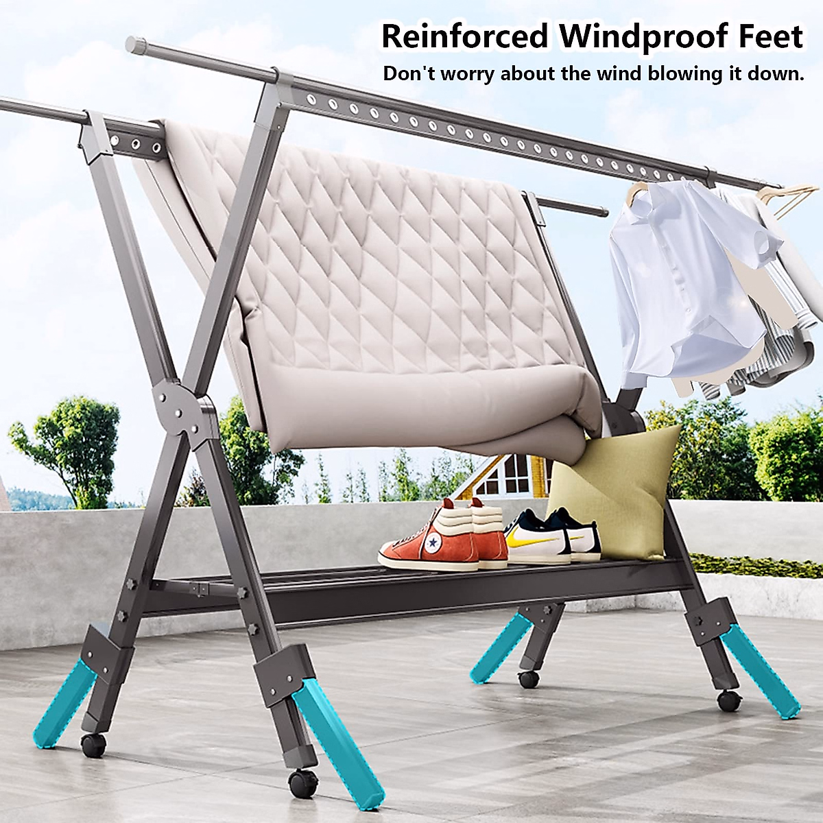 UVCMDUI Heavy Duty Clothes Airers Indoor Strong Folding, Windproof Retractable Drying Rack Collapsible Clothes Rail, Airing Rack Clothes Drying Rack for Indoor Outdoor,2 Poles with Shoe Rack,2.3m