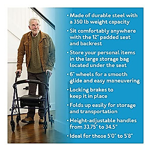 Carex Steel Rollator Walker with Seat and Wheels - Rolling Walker for Seniors - Walker Supports 350lbs, Foldable, For Those 5'0" to 5'8", Walker With Wheels