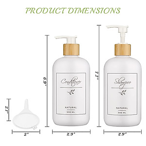 YS STORE Shampoo and Conditioner Dispenser - Refillable Bath Set of 3 16oz Bamboo Pump with Funnel White Containers for Body Wash, Waterproof label, clean and modern.