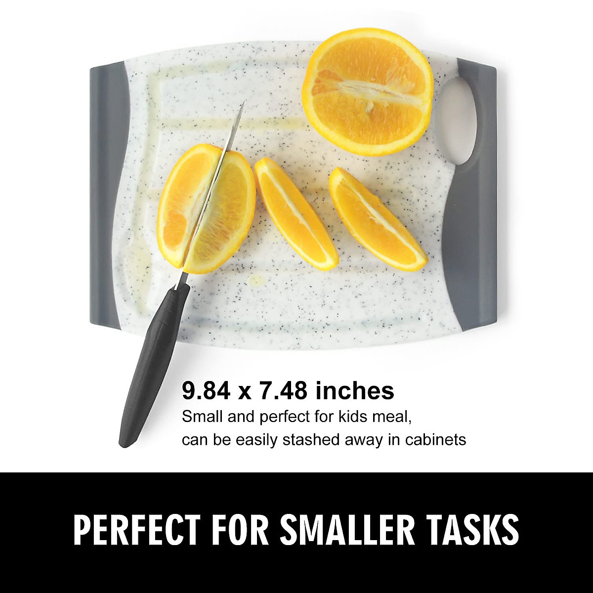Small Non Slip Cutting Board, 7.48" Mini plastic Cutting Board for Small Kitchen Task, Unique Design with Multiple Juice Grooves! BPA Free, Dishwasher Safe, Easy Grip Handle (White)