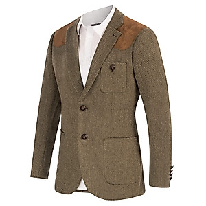 Men's Formal Tweed Patchwork Blazer 2 Button Wool Blend Sport Coat Coffee L