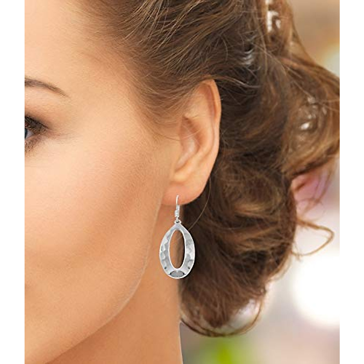 MIMI 925 Sterling Silver Hammered Open Oval Drop Dangle Earrings