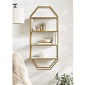 Kate and Laurel Adela Modern Octagon Wall Shelf, 18.25 x 7.5 x 41, White and Gold, Glam 4-Tier Shelf for Storage and Display