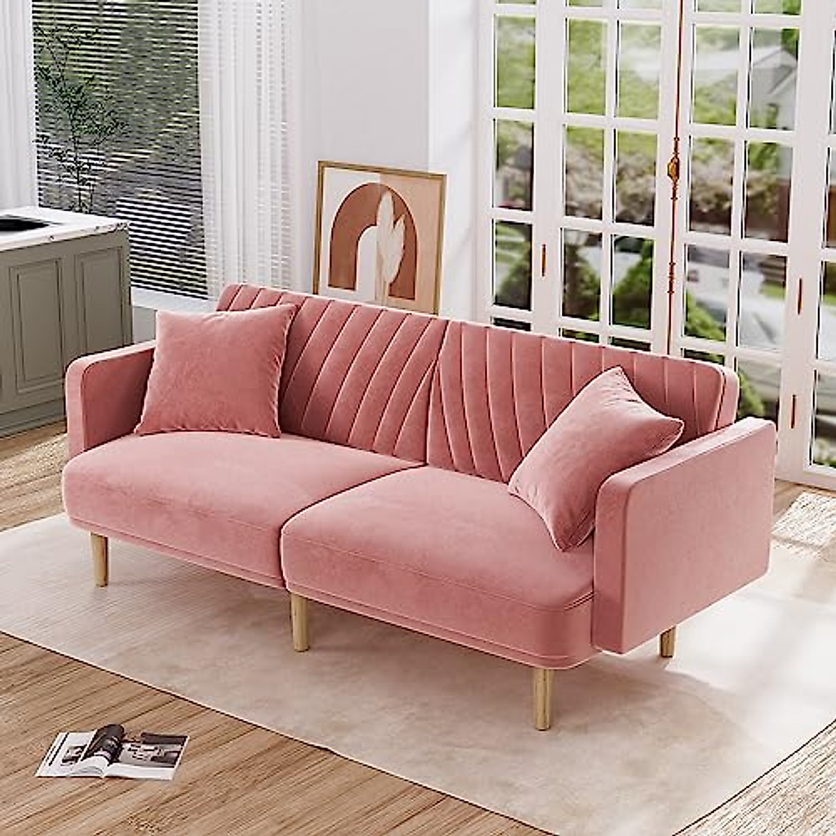 OUYESSIR Futon Sofa Bed, Convertible Sleeper Sofa with Wood Legs, 74.5“ Splitback Sofa with 2 Pillows, Velvet Futon Couch for Living Room (Rose Pink)