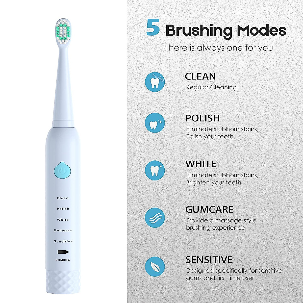 DHMXDC Sonic Electric Toothbrush for Kids and Adults, 5 Modes with 2 Min Build in Timer, Ultrasonic Toothbrush with 4 Brush Heads Charging Power Toothbrush