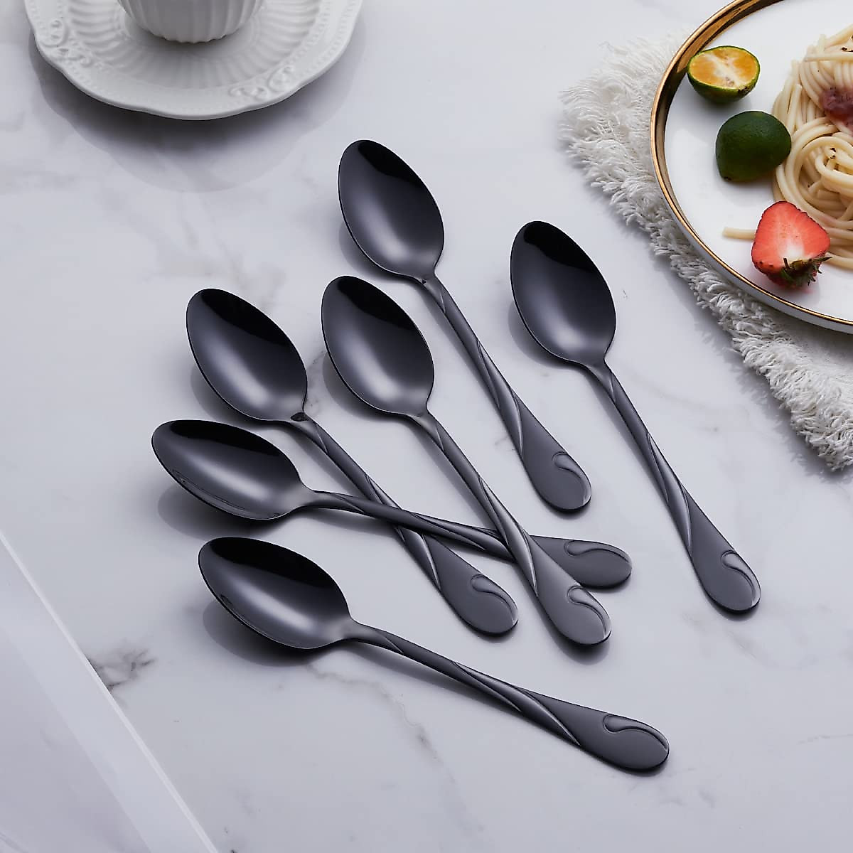 Black Dinner Spoon Set, Seeshine 7.6-inch Stainless Steel Shiny Black Soup Table Spoon Silverware, Set of 6